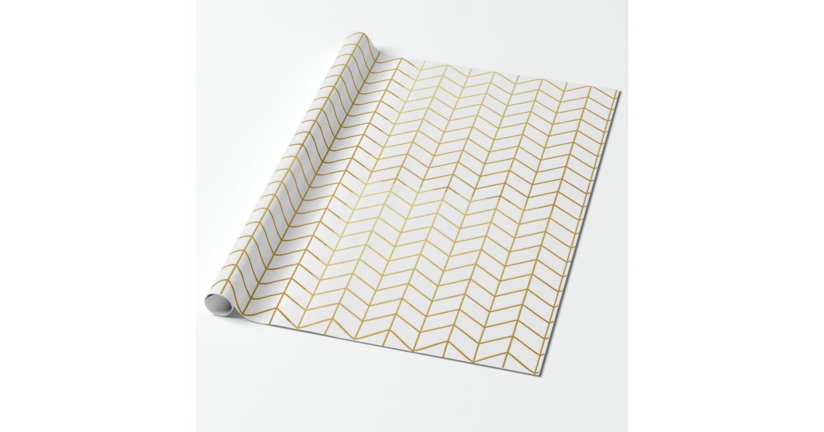 Herringbone Pattern Faux Gold Foil White Geometric Wrapping Paper | Zazzle