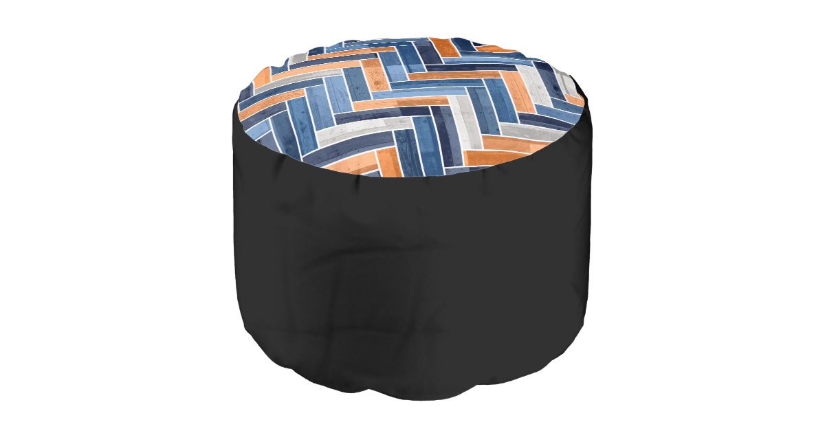 Herringbone Pattern in Navy Blue and Orange Pouf | Zazzle