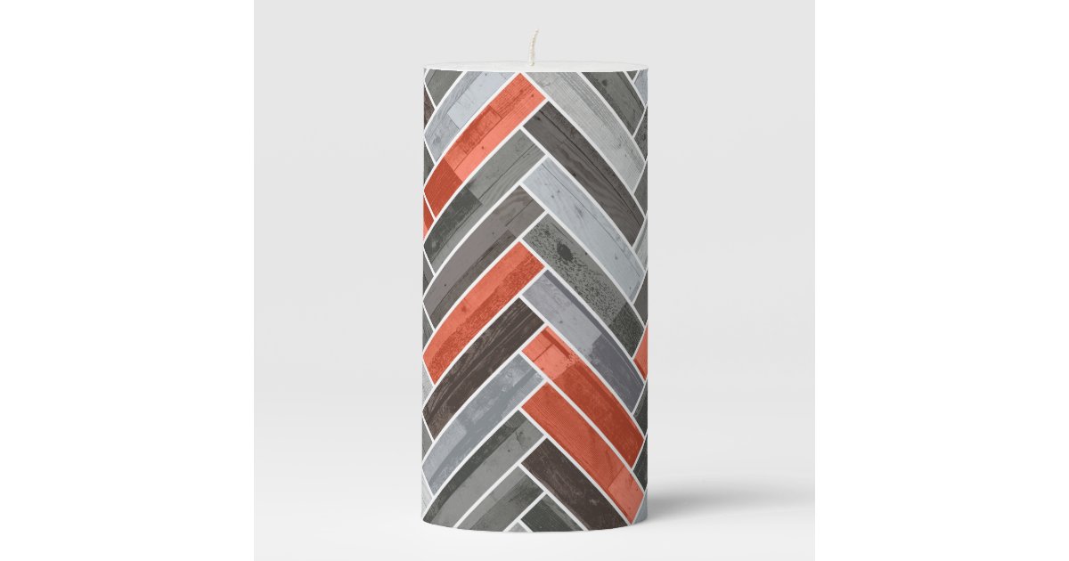 Herringbone Pattern in Orange Grey Pillar Candle | Zazzle
