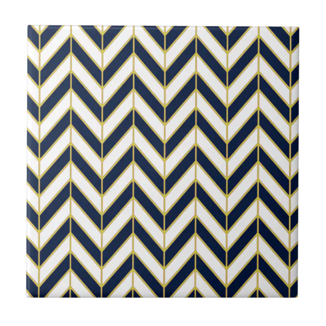 Herringbone Pattern Pillow in Navy, White and Gold Tile | Zazzle