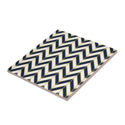 Herringbone Pattern Pillow in Navy, White and Gold Tile | Zazzle