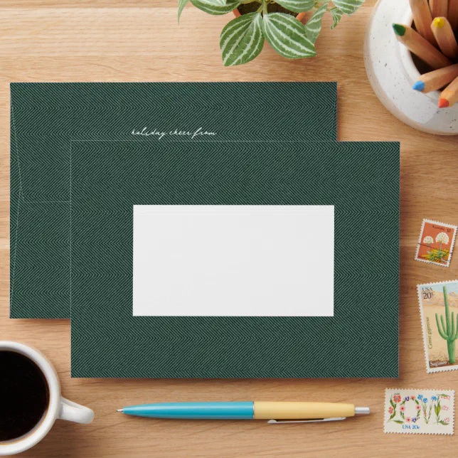 Herringbone tweed classic preppy green holiday envelope | Zazzle