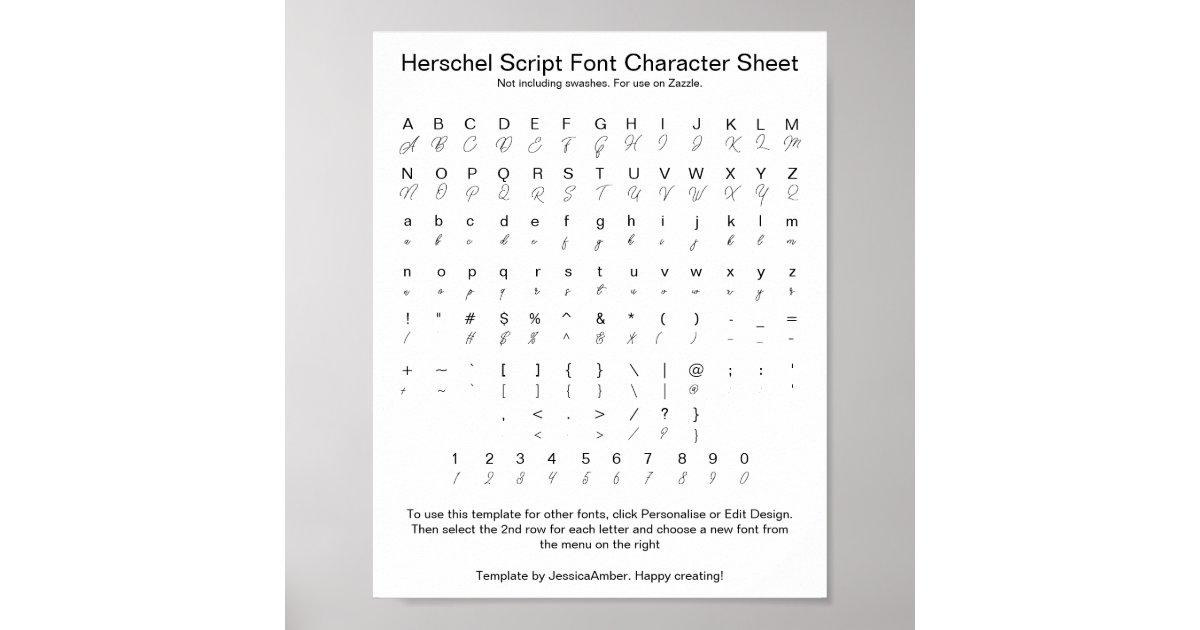 Herschel Script Font Character Sheet for Zazzle Poster | Zazzle