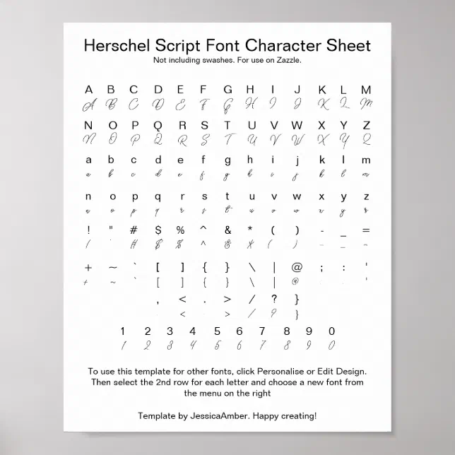 Herschel Script Font Character Sheet for Zazzle Poster | Zazzle