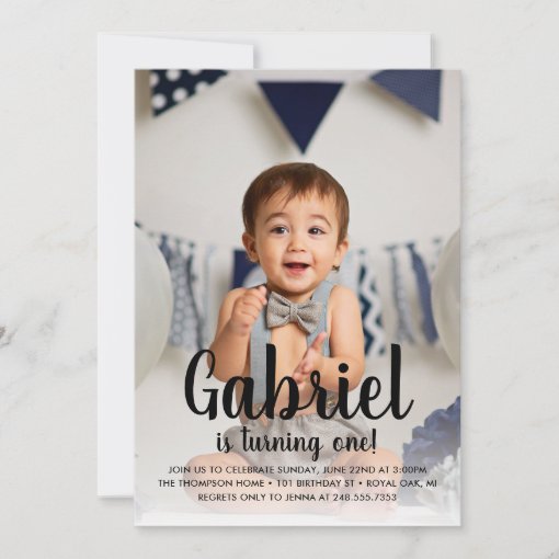He's Turning One Blue Boy's First Birthday Photo Invitation | Zazzle