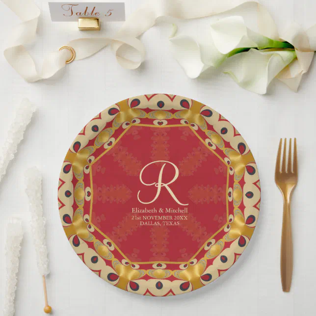 Hexagon Love Red Gold Monogram Custom Name Paper Plates | Zazzle