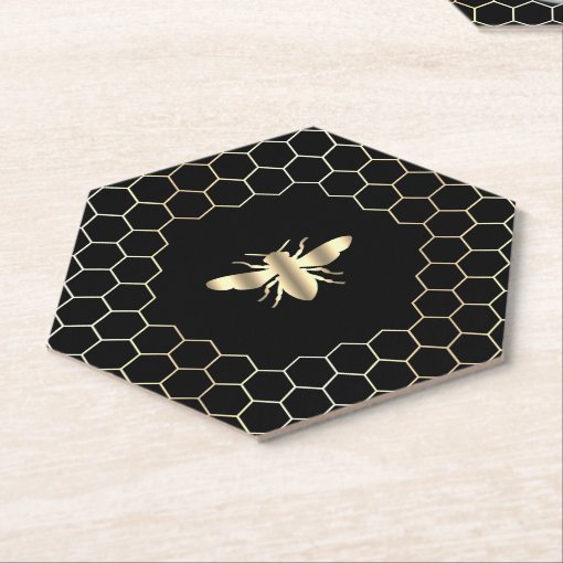 hexagons honeycomb bee design on black paper coaster | Zazzle