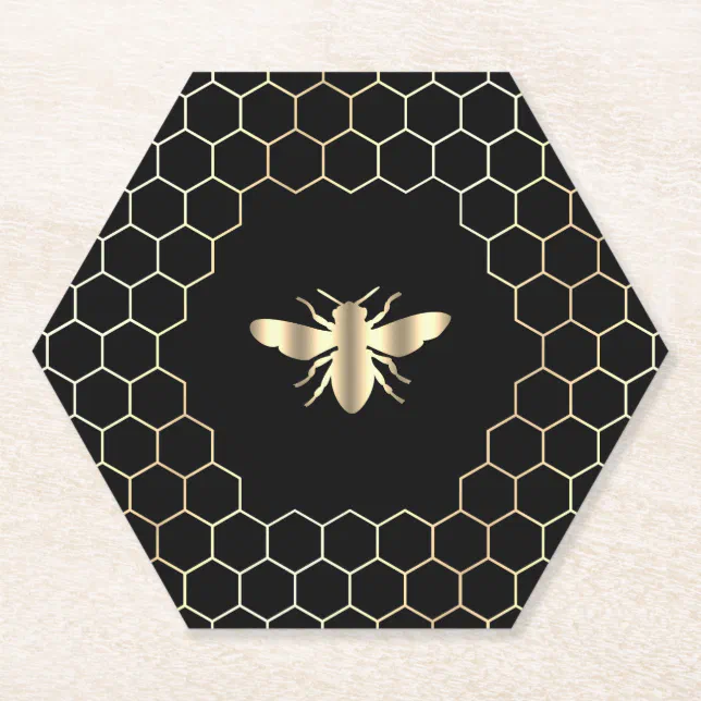 hexagons honeycomb bee design on black paper coaster | Zazzle