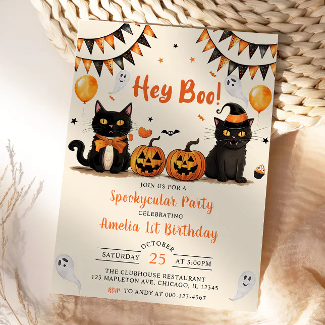 Hey Boo ! Black Cat Halloween Birthday Party Invitation | Zazzle