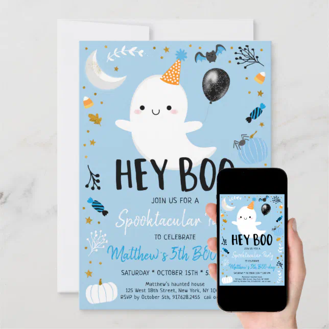 Hey Boo Blue Ghost Halloween Birthday Invitation | Zazzle