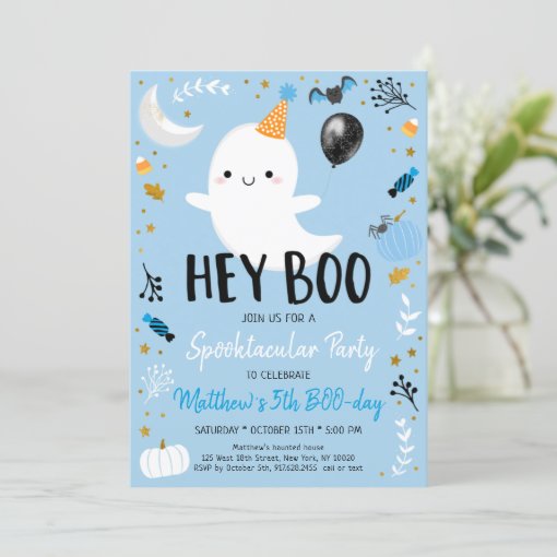 Hey Boo Blue Ghost Halloween Birthday Invitation | Zazzle