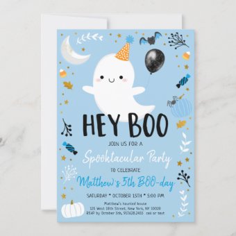 Hey Boo Blue Ghost Halloween Birthday Invitation | Zazzle