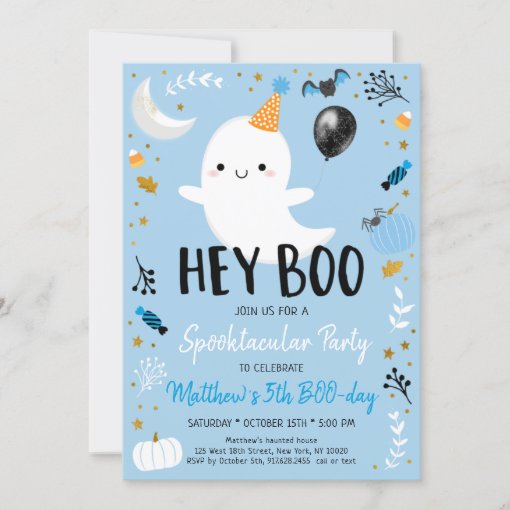 Hey Boo Blue Ghost Halloween Birthday Invitation | Zazzle