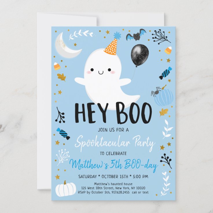 Hey Boo Blue Ghost Halloween Birthday Invitation | Zazzle