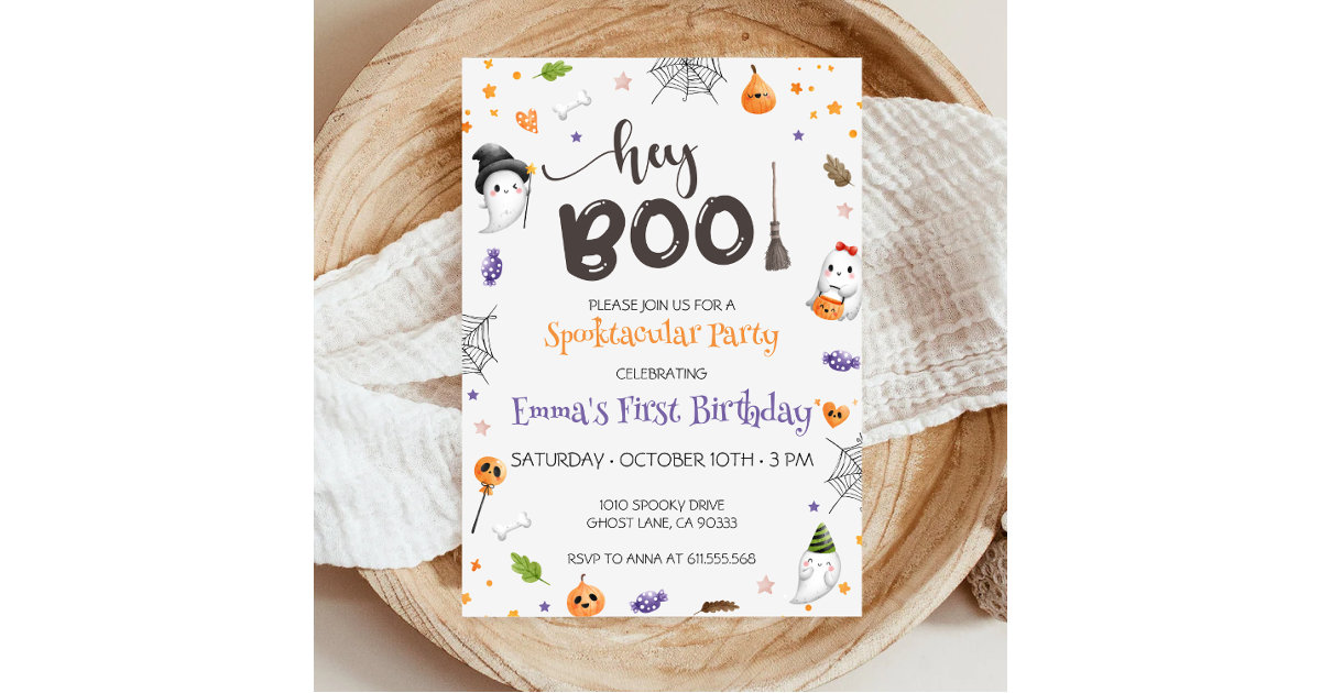 Hey Boo Cute Ghost Halloween Birthday Invitation | Zazzle