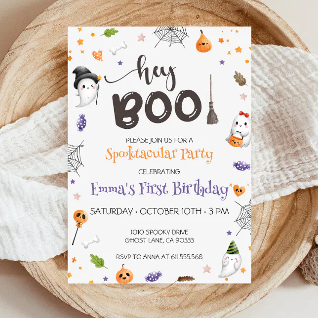 Hey Boo Cute Ghost Halloween Birthday Invitation | Zazzle