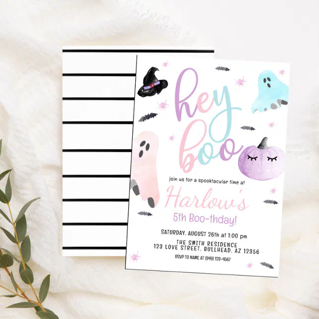 Hey Boo Ghost Pastel Halloween Birthday Invitation | Zazzle