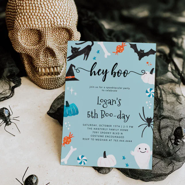 Hey Boo Halloween Birthday Blue Invitation | Zazzle