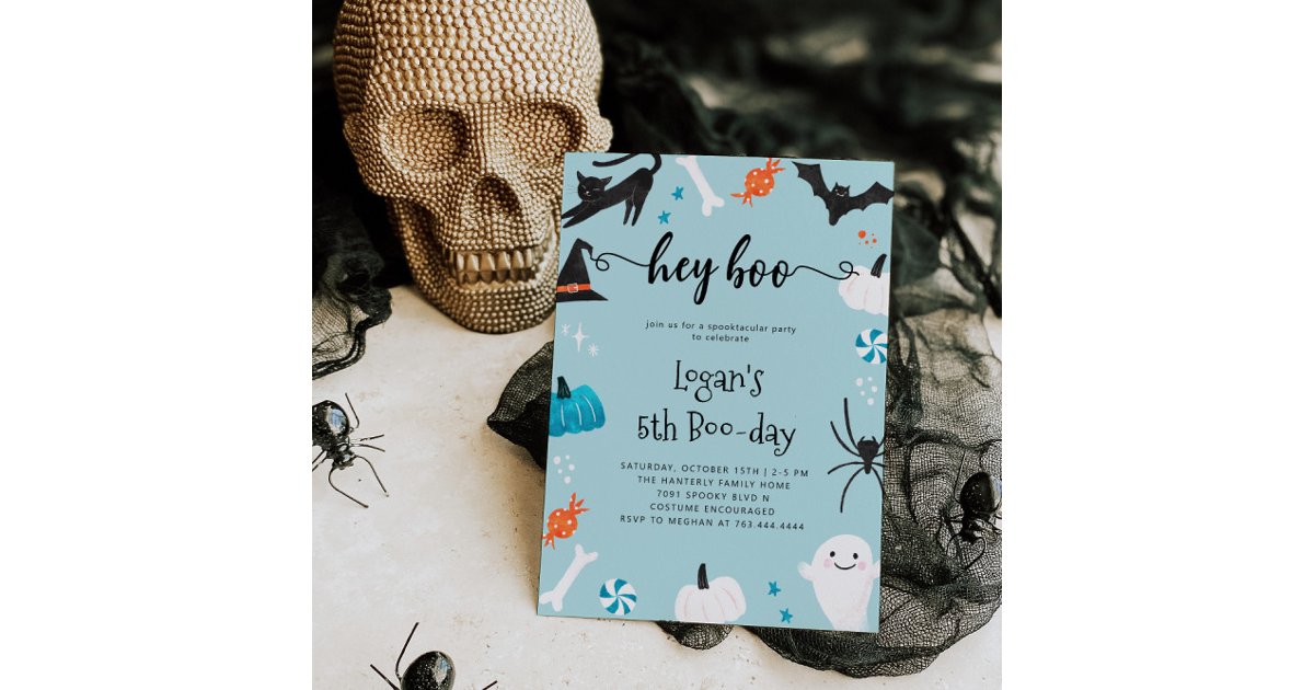 Hey Boo Halloween Birthday Blue Invitation | Zazzle