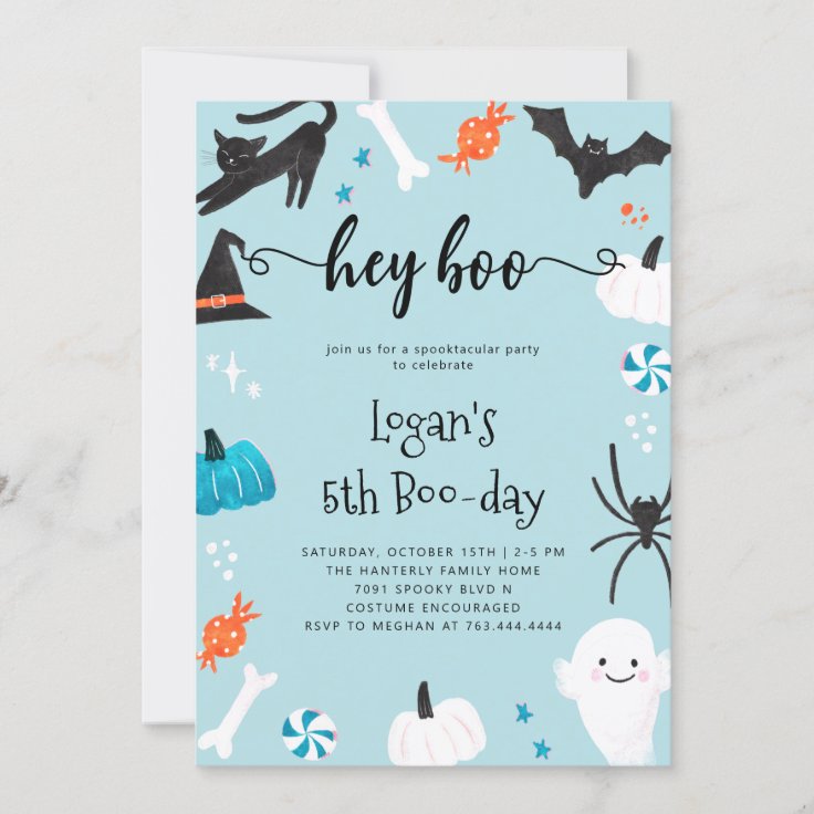 Hey Boo Halloween Birthday Blue Invitation | Zazzle