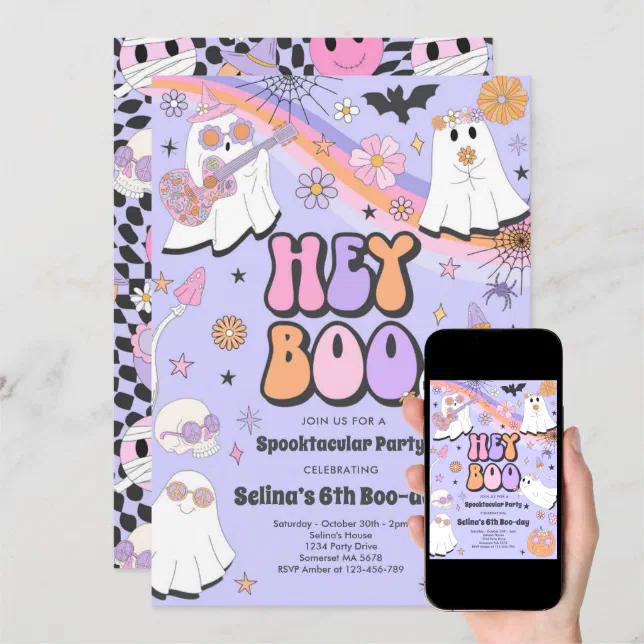 Hey Boo Halloween Groovy Cute Ghost Birthday Party Invitation | Zazzle