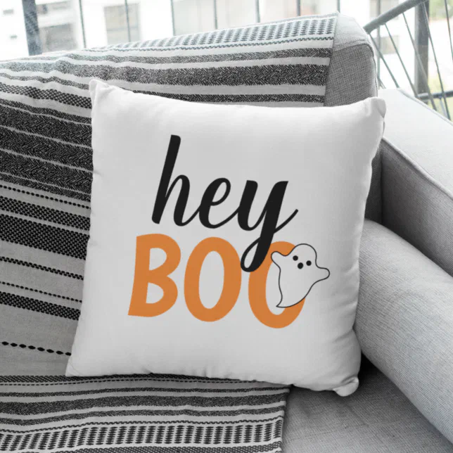Hey Boo Orange White Funny Halloween Ghost Throw Pillow | Zazzle