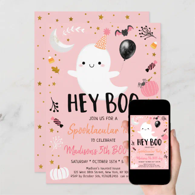 Hey Boo Pink Ghost Halloween Birthday Invitation | Zazzle