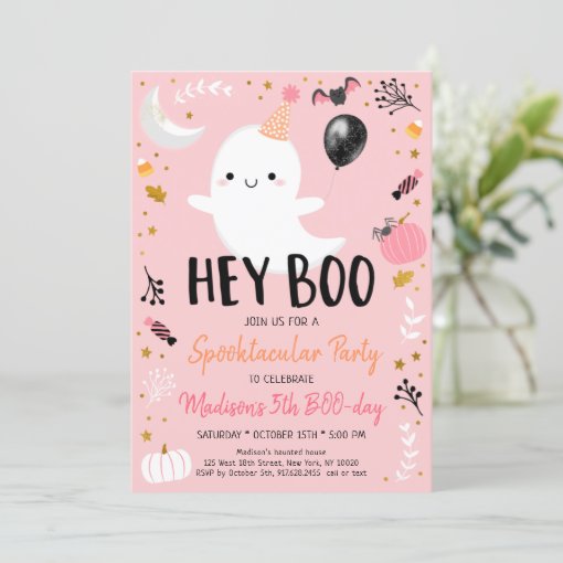 Hey Boo Pink Ghost Halloween Birthday Invitation | Zazzle
