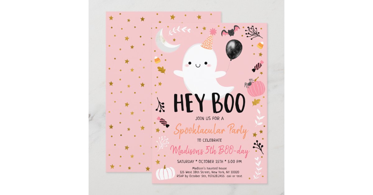 Hey Boo Pink Ghost Halloween Birthday Invitation | Zazzle