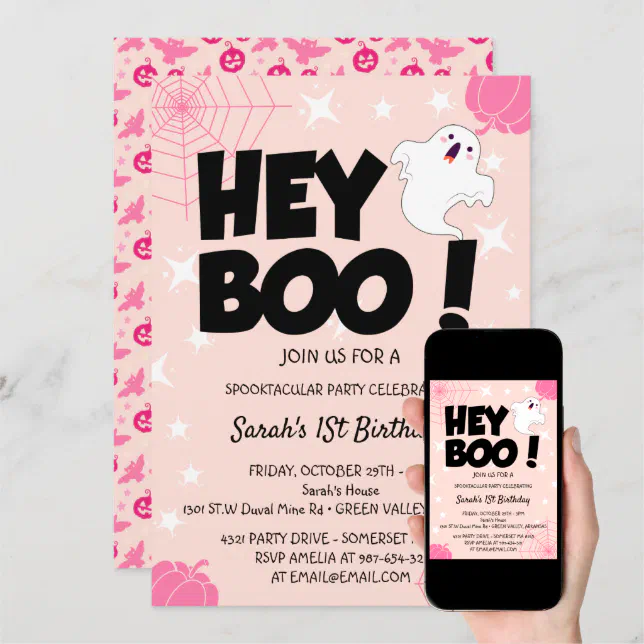 Hey Boo Pink Halloween Ghost Birthday party Invitation | Zazzle