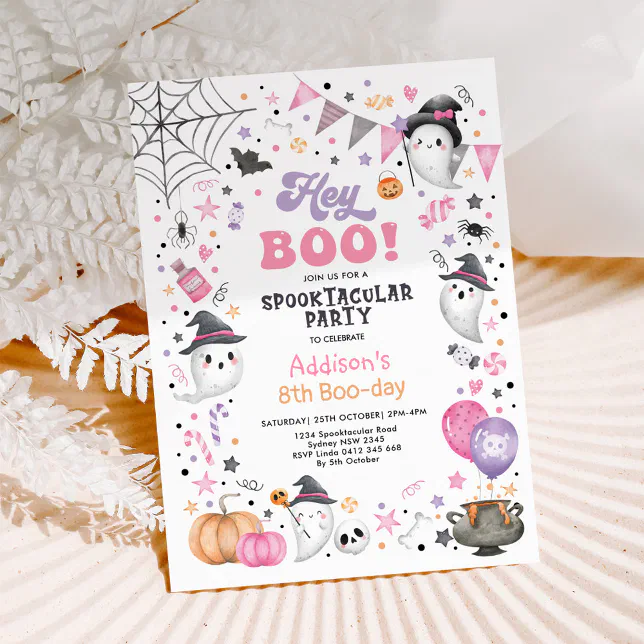 Hey Boo! Pink Lilac Halloween Ghost Girl Birthday Invitation | Zazzle
