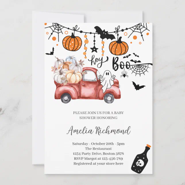 hey boo Red Pumpkin Pickup Truck Baby Shower Invitation | Zazzle