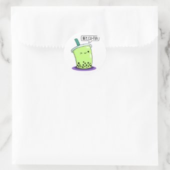 Hey Cu-Tea Funny Boba Tea Pun Classic Round Sticker | Zazzle