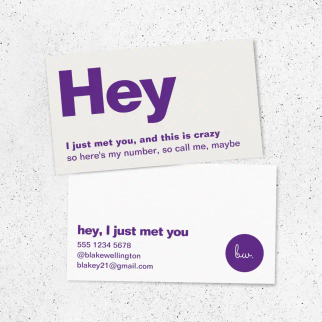 Hey I Just Met You | Fun Purple Dating Call Me Business Card | Zazzle