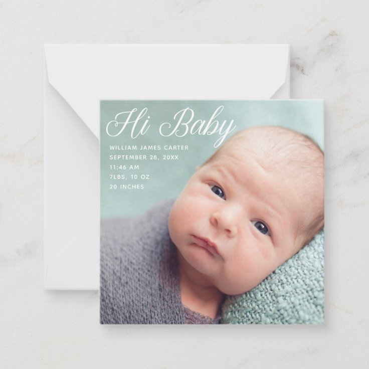 Hi Baby Photo Chic White Script Birth Announcement | Zazzle