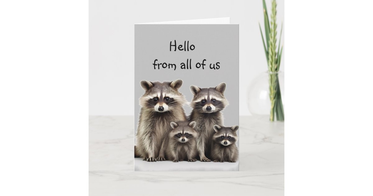 Hi Thinking of You Cute Raccoon Group Family Fun Card | Zazzle
