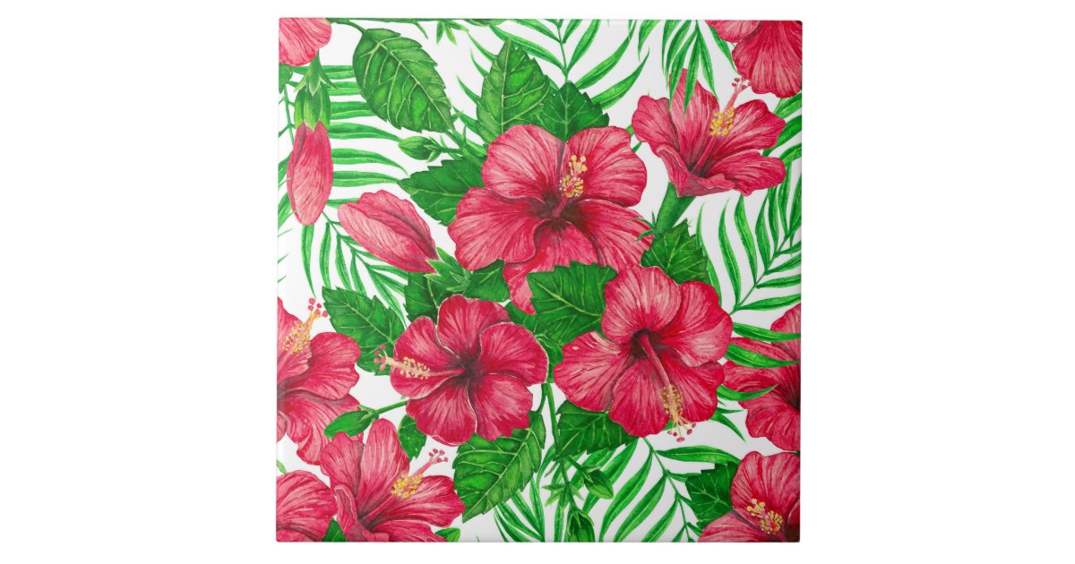 Hibiscus and palm leaves ceramic tile | Zazzle