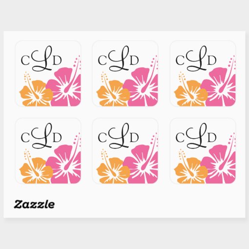 Hibiscus Flower Monogram Wedding Square Sticker | Zazzle