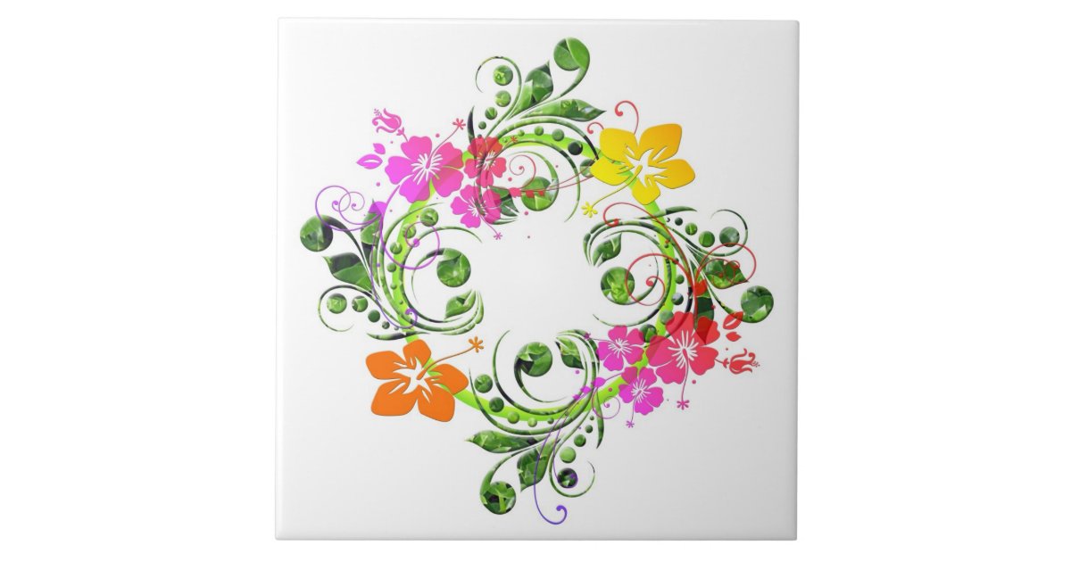 Hibiscus tropical flower wreath ceramic tile | Zazzle
