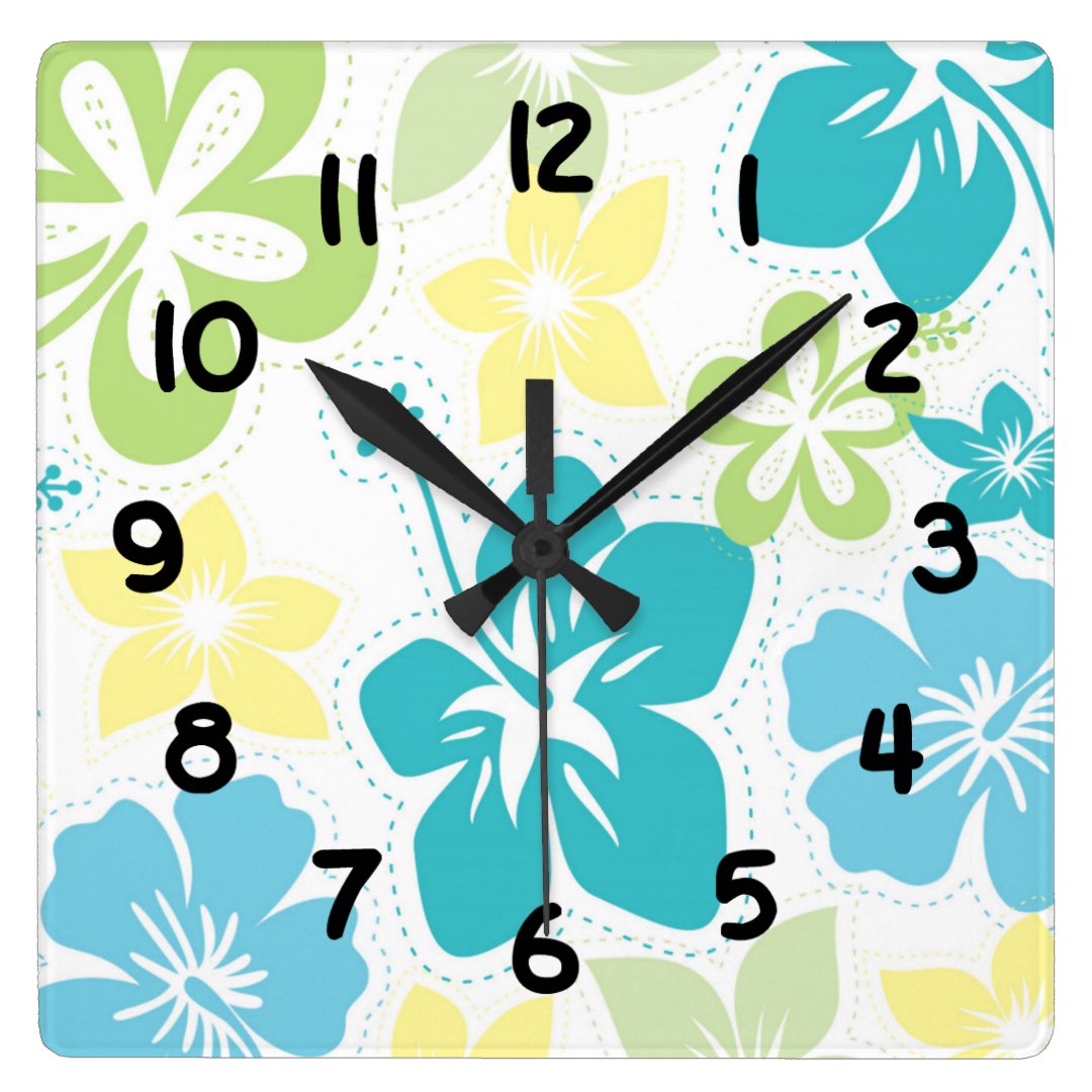 Hibiscus tropical hawaiian flowers floral decor square wall clock | Zazzle