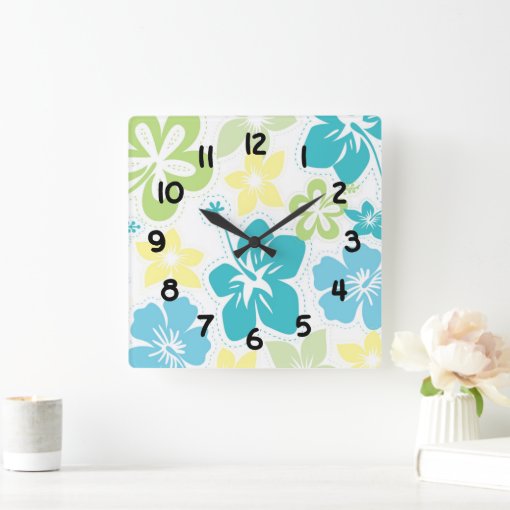 Hibiscus tropical hawaiian flowers floral decor square wall clock | Zazzle