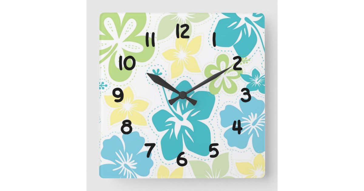 Hibiscus tropical hawaiian flowers floral decor square wall clock | Zazzle