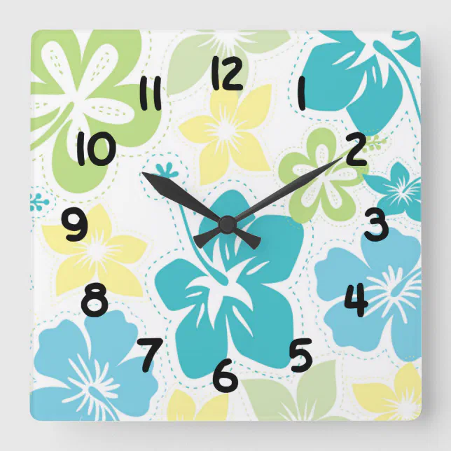 Hibiscus tropical hawaiian flowers floral decor square wall clock | Zazzle