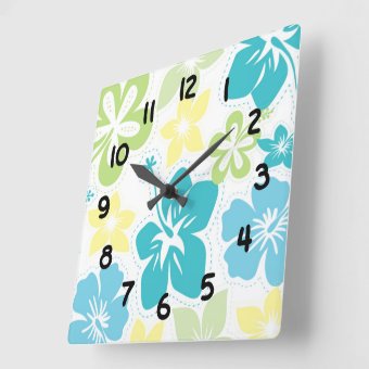 Hibiscus tropical hawaiian flowers floral decor square wall clock | Zazzle
