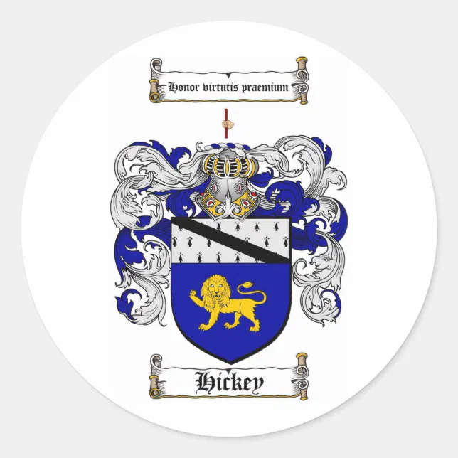 HICKEY FAMILY CREST - HICKEY COAT OF ARMS CLASSIC ROUND STICKER | Zazzle