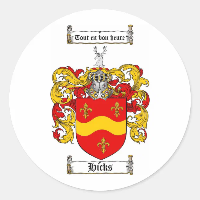 HICKS FAMILY CREST - HICKS COAT OF ARMS CLASSIC ROUND STICKER | Zazzle