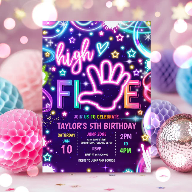 High Five Pastel Neon Glow 5th Birthday Party Invitation | Zazzle