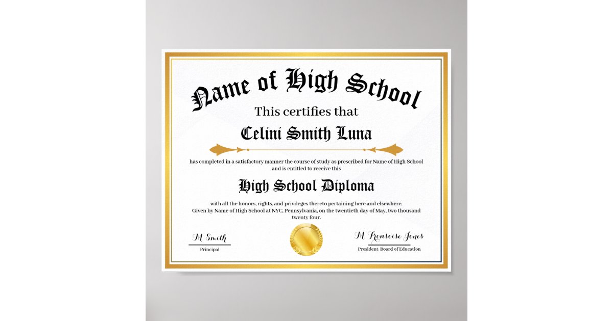 High School Diploma Replica Poster - Fake Gold Sea | Zazzle