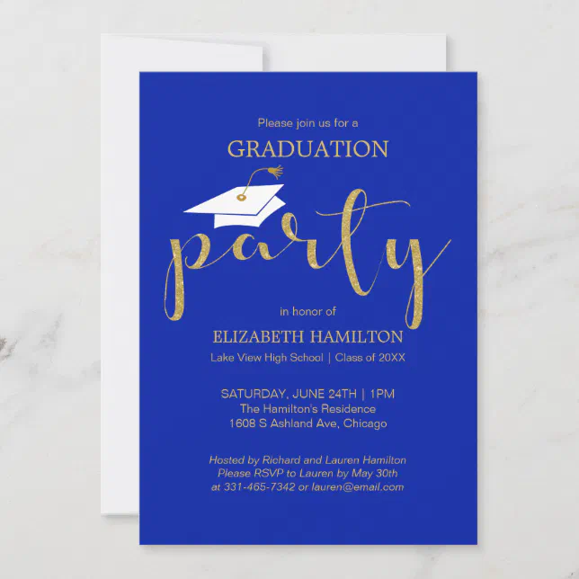 High School Grad Party Gold Blue Invitations | Zazzle