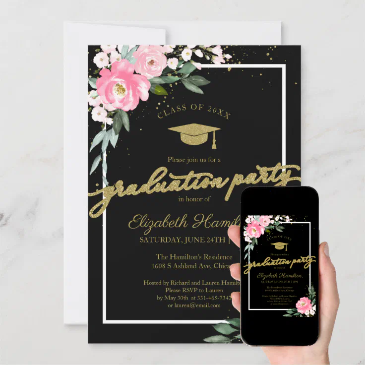 High School Grad Party Hot Pink Floral Black Invitation | Zazzle